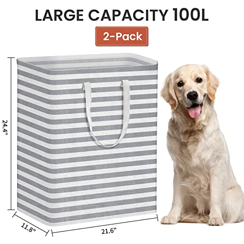 WOWBOX 100L [2 Pack] Laundry Baskets, Freestanding Laundry Hamper with Long Reinforced Handles, Large Waterproof Clothes Hamper Organizer, Collapsible Lightweight Hampers for Laundry,Clothes,Toys,Grey