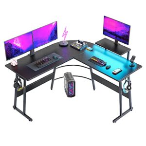 bestier led gaming desk carbon fiber black l shaped computer desk with monitor shelf corner pc gaming table 2 headset hooks home office l desk, 20 led modes 51 inch