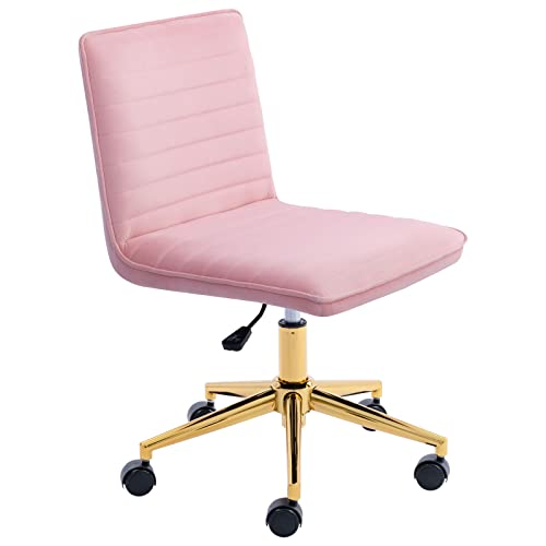 Furniliving Velvet Home Office Chair, Armless Vanity Desk Task Chair with Wheels 360° Swivel Computer Rolling Desk Chair with Back, Adjustable Accent Chair with Gold Metal Base Stool Chair (Pink)