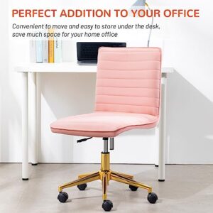 Furniliving Velvet Home Office Chair, Armless Vanity Desk Task Chair with Wheels 360° Swivel Computer Rolling Desk Chair with Back, Adjustable Accent Chair with Gold Metal Base Stool Chair (Pink)