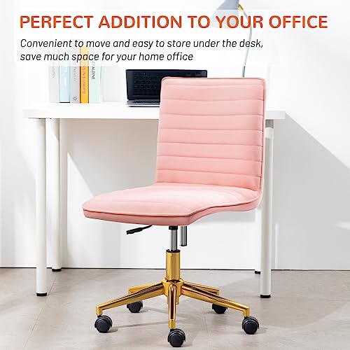 Furniliving Velvet Home Office Chair, Armless Vanity Desk Task Chair with Wheels 360° Swivel Computer Rolling Desk Chair with Back, Adjustable Accent Chair with Gold Metal Base Stool Chair (Pink)