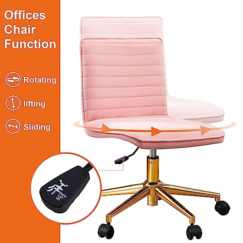 Furniliving Velvet Home Office Chair, Armless Vanity Desk Task Chair with Wheels 360° Swivel Computer Rolling Desk Chair with Back, Adjustable Accent Chair with Gold Metal Base Stool Chair (Pink)