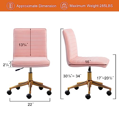 Furniliving Velvet Home Office Chair, Armless Vanity Desk Task Chair with Wheels 360° Swivel Computer Rolling Desk Chair with Back, Adjustable Accent Chair with Gold Metal Base Stool Chair (Pink)