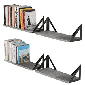 wallniture minori floating shelves set of 4, 17"x6" wood wall shelves for living room, bathroom, kitchen, office, bedroom, gray wood with metal floating shelf bracket