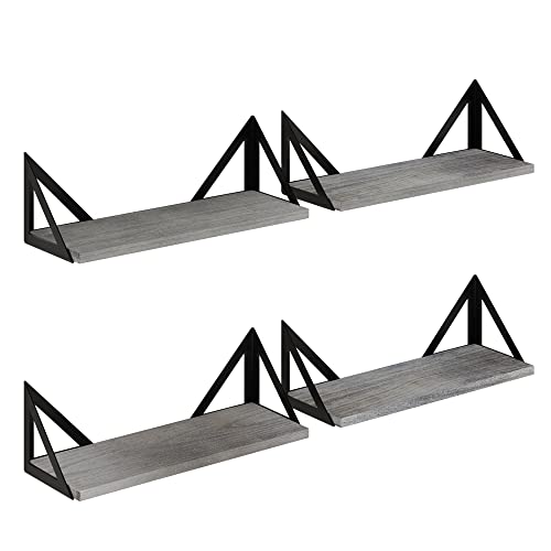 Wallniture Minori Floating Shelves Set of 4, 17"x6" Wood Wall Shelves for Living Room, Bathroom, Kitchen, Office, Bedroom, Gray Wood with Metal Floating Shelf Bracket