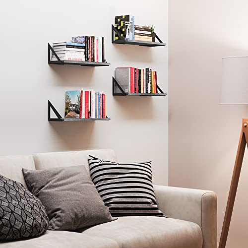 Wallniture Minori Floating Shelves Set of 4, 17"x6" Wood Wall Shelves for Living Room, Bathroom, Kitchen, Office, Bedroom, Gray Wood with Metal Floating Shelf Bracket