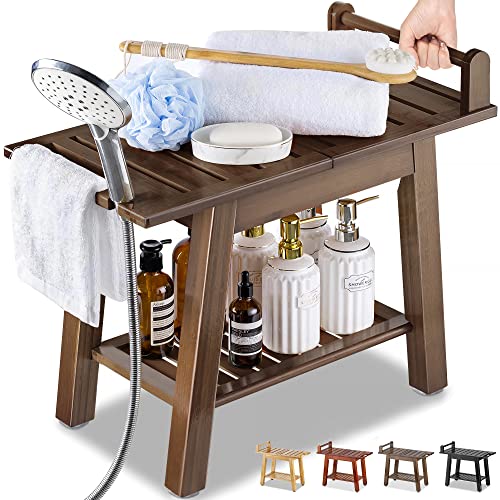 ETECHMART 2-Tier Bamboo Shower Bench, 24 Inch Spa Stool with Storage Shelf for Inside Shower Legs Shaving, Entryway or Bathroom, A-Shaped Shower Bath Seat for Seniors Adults Disabled Women, Walnut