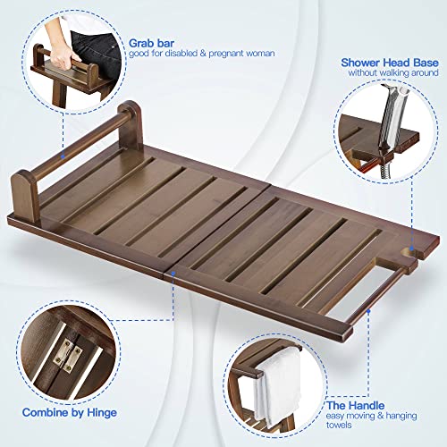 ETECHMART 2-Tier Bamboo Shower Bench, 24 Inch Spa Stool with Storage Shelf for Inside Shower Legs Shaving, Entryway or Bathroom, A-Shaped Shower Bath Seat for Seniors Adults Disabled Women, Walnut