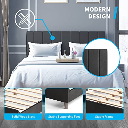 Mjkone Queen Size Bed Frame with Adjustable Headboard,Platform Bed Frame with Modern Geometric Headboard&Wood Slat Support,Queen Bed Base Frame No Box Spring Needed,Easy Assembly,Black