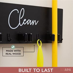 Ilyapa Mop and Broom Holder Wall Mount, Black Wooden Broom and Mop Organizer Wall Hanging, Kitchen Laundry Room Organizer Storage Rack, Broom Hanger Wall Mount, Broom Organizer Wall Mount