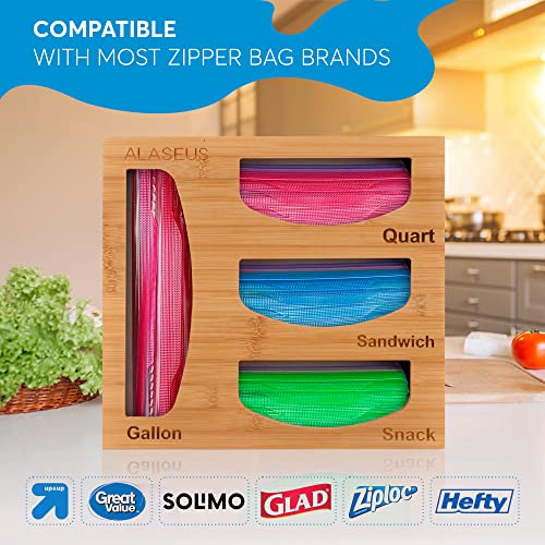 Bamboo Ziplock Organizer - Storage Bag Kitchen Organizer - Ziplock Storage Organizer - Food Storage Bag Dispenser - 40 Ziplock Bags Included