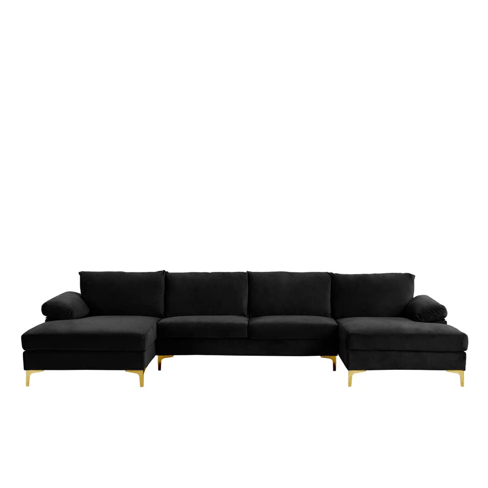 Casa Andrea Milano Modern Large Velvet Fabric Sectional Sofa Couch with Extra Wide Chaise Lounge with Golden Legs, U Shaped, Black