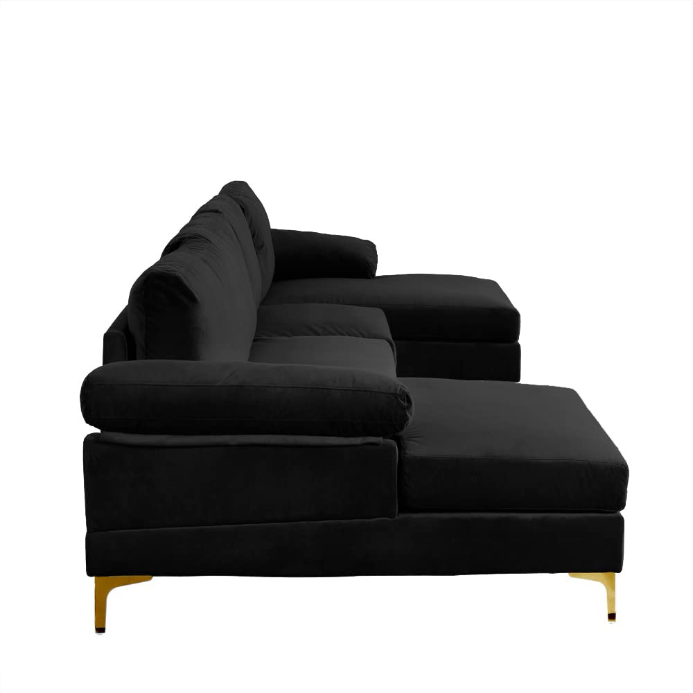 Casa Andrea Milano Modern Large Velvet Fabric Sectional Sofa Couch with Extra Wide Chaise Lounge with Golden Legs, U Shaped, Black