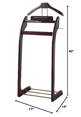 Proman Products Windsor Valet Suit Stand VL36140 with Top Tray, Contour Hanger, Trouser Bar, Tie & Belt Hooks and Shoe Rack, 17" W x 14" D x 40" H, Mahogany