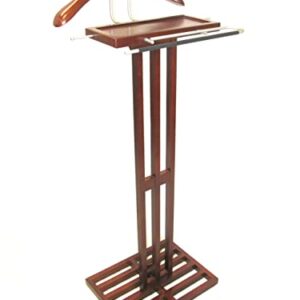 Proman Products Kyoto Suit Valet Stand VL36220 with Large Top Tray, Contour Hanger, Trouser Bar, Tie & Belt Hooks, 17” W x 12.5”D x 45”H, Mahogany