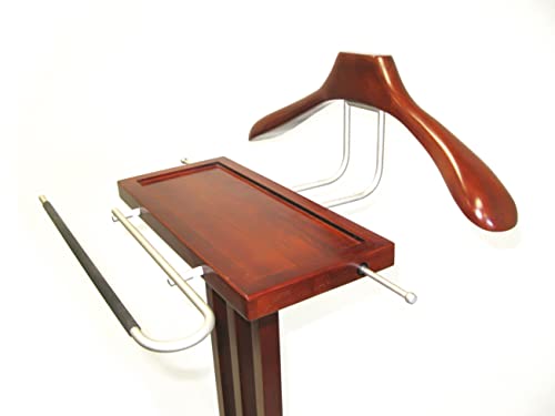 Proman Products Kyoto Suit Valet Stand VL36220 with Large Top Tray, Contour Hanger, Trouser Bar, Tie & Belt Hooks, 17” W x 12.5”D x 45”H, Mahogany