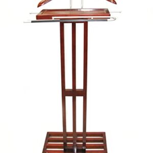 Proman Products Kyoto Suit Valet Stand VL36220 with Large Top Tray, Contour Hanger, Trouser Bar, Tie & Belt Hooks, 17” W x 12.5”D x 45”H, Mahogany