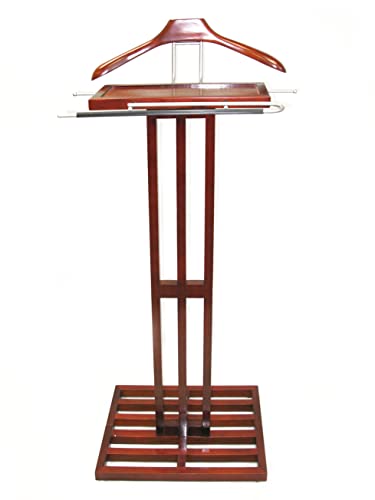 Proman Products Kyoto Suit Valet Stand VL36220 with Large Top Tray, Contour Hanger, Trouser Bar, Tie & Belt Hooks, 17” W x 12.5”D x 45”H, Mahogany