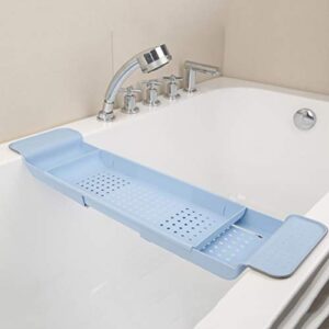 VALICLUD 55. 5-78cm Luxury Bathtub Tray Expandable Bathtub Caddy Tray Plastic Bath Tray for Bathtub Adjustable Bath Tub Table Caddy with Book Phone Wine Holder Shower Organizer (Sky- Blue)