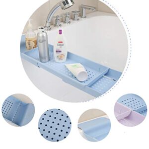 VALICLUD 55. 5-78cm Luxury Bathtub Tray Expandable Bathtub Caddy Tray Plastic Bath Tray for Bathtub Adjustable Bath Tub Table Caddy with Book Phone Wine Holder Shower Organizer (Sky- Blue)