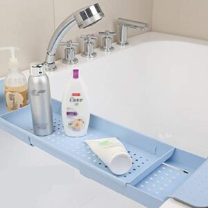 VALICLUD 55. 5-78cm Luxury Bathtub Tray Expandable Bathtub Caddy Tray Plastic Bath Tray for Bathtub Adjustable Bath Tub Table Caddy with Book Phone Wine Holder Shower Organizer (Sky- Blue)