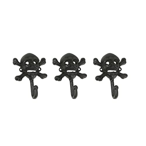 Zeckos Set of 3 Rustic Brown Cast Iron Skull and Crossbones Decorative Wall Hooks - Pirate Themed Towel, Clothing or Coat Rack - Gothic Décor - 5.5 Inches High