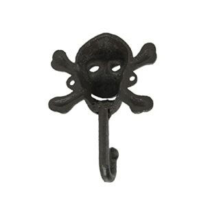 Zeckos Set of 3 Rustic Brown Cast Iron Skull and Crossbones Decorative Wall Hooks - Pirate Themed Towel, Clothing or Coat Rack - Gothic Décor - 5.5 Inches High