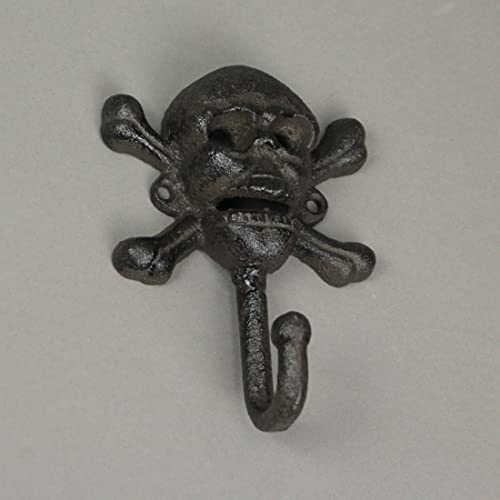 Zeckos Set of 3 Rustic Brown Cast Iron Skull and Crossbones Decorative Wall Hooks - Pirate Themed Towel, Clothing or Coat Rack - Gothic Décor - 5.5 Inches High