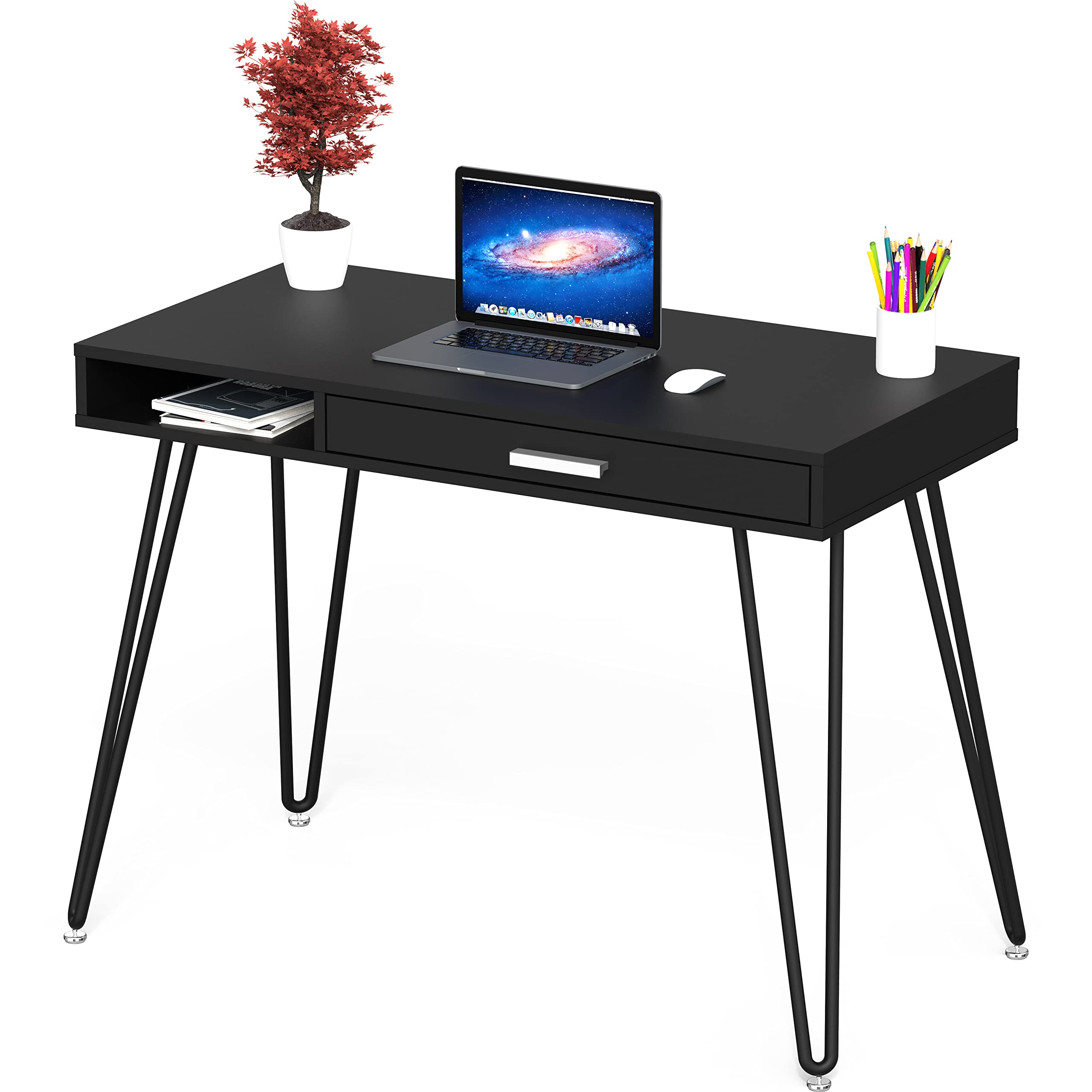 SHW Home Office Computer Hairpin Leg Desk with Drawer, Black