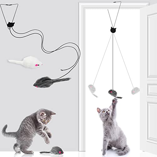 4 Pieces Hanging Door Cat Toy Interactive Bouncing Mouse Cat Toy Stress Relieve Hanging Cat Toys for Cat with Elastic Band Mouse Shape Cat Feather Toys for Indoor Outdoor Cat Play