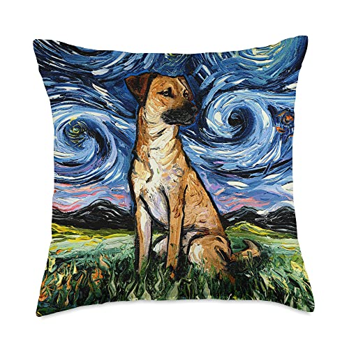 Sagittarius Gallery Black Mouth Cur Starry Night Dog Animal Art by Aja Throw Pillow, 18x18, Multicolor