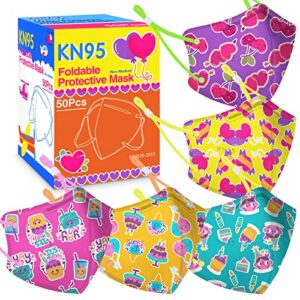 kids kn95 masks for children, 50 pack 5 ply kn95 mask for kids with adjustable earloop, multicolor print children's mask with soft sponge nose bridge, breathable face masks for girls boys outdoor school