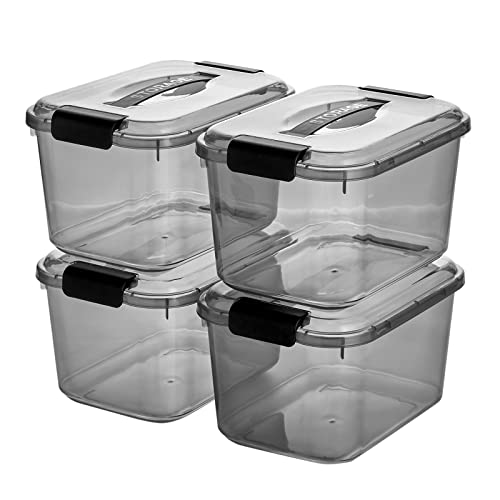 JUJIAJIA 5.5 Quart Black Clear Storage Latch Bins with Lids/Handle, 4-Pack Plastic Lidded Home Storage Organizing Latch Box