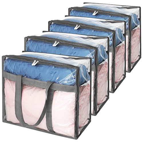 Fixwal 4 Pack Clear Clothes Storage Bags Vinyl Organizers with Sturdy Zippers Reinforced Handle Plastic Moving Totes for Comforters, Blankets, Linen, Bedding, Duvet, Transparent Space Saver Containers