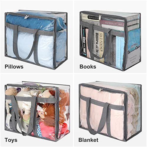 Fixwal 4 Pack Clear Clothes Storage Bags Vinyl Organizers with Sturdy Zippers Reinforced Handle Plastic Moving Totes for Comforters, Blankets, Linen, Bedding, Duvet, Transparent Space Saver Containers