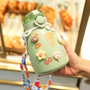 momeitu kawaii water bottle stainless steel water bottle cute 3d sticker insulated water bottle cute drug water bottle(500ml,green)