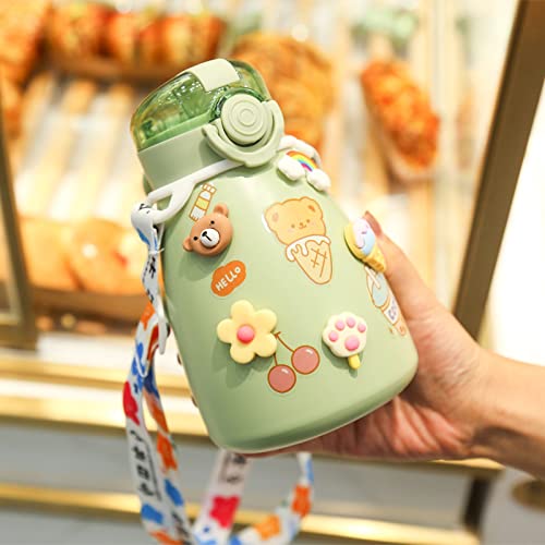 MOMEITU Kawaii Water Bottle Stainless Steel Water Bottle Cute 3D Sticker Insulated Water Bottle Cute Drug Water Bottle(500ML,green)