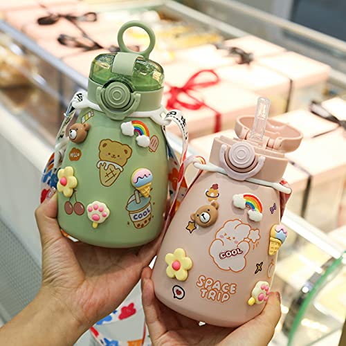 MOMEITU Kawaii Water Bottle Stainless Steel Water Bottle Cute 3D Sticker Insulated Water Bottle Cute Drug Water Bottle(500ML,green)