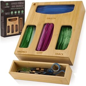 livingbetter bamboo ziplock bag organizer for drawer - wooden sandwich bag organizer for drawer - compatible with gallon, quart, snack, sandwich storage bags - plastic ziploc bag organizer for drawer