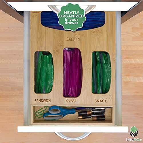 LivingBetter Bamboo Ziplock Bag Organizer for Drawer - Wooden Sandwich Bag Organizer for Drawer - Compatible with Gallon, Quart, Snack, Sandwich Storage Bags - Plastic Ziploc Bag Organizer for Drawer