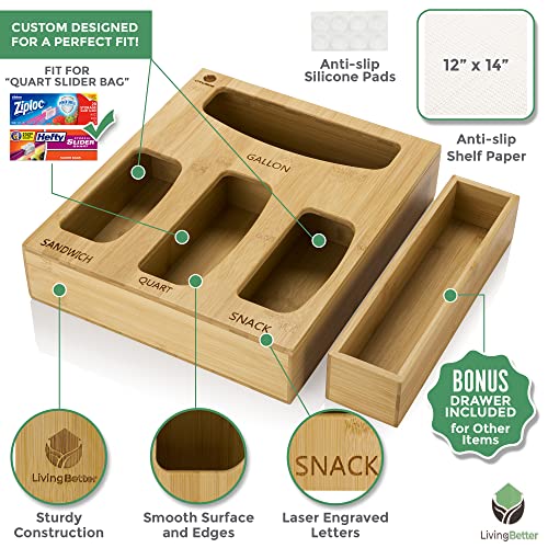 LivingBetter Bamboo Ziplock Bag Organizer for Drawer - Wooden Sandwich Bag Organizer for Drawer - Compatible with Gallon, Quart, Snack, Sandwich Storage Bags - Plastic Ziploc Bag Organizer for Drawer