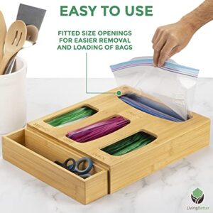 LivingBetter Bamboo Ziplock Bag Organizer for Drawer - Wooden Sandwich Bag Organizer for Drawer - Compatible with Gallon, Quart, Snack, Sandwich Storage Bags - Plastic Ziploc Bag Organizer for Drawer