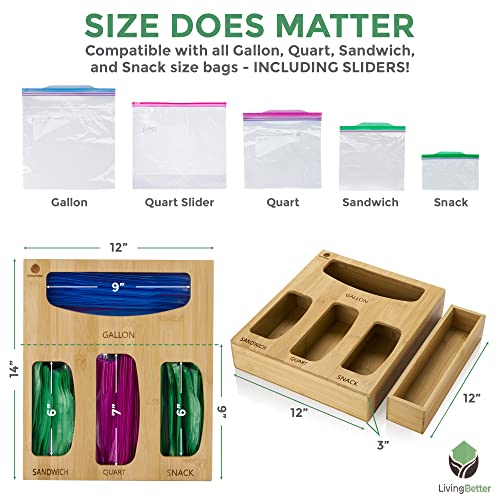 LivingBetter Bamboo Ziplock Bag Organizer for Drawer - Wooden Sandwich Bag Organizer for Drawer - Compatible with Gallon, Quart, Snack, Sandwich Storage Bags - Plastic Ziploc Bag Organizer for Drawer