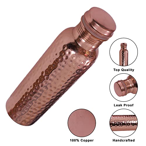 Copper Water Bottle with Lid 34 Oz - Ayurvedic Copper Drinking Vessel, Drink More Water Bottle, Solid Copper Handcrafted Hammered Bottle 1000 ml for Home, Office, Hotel, Yoga and Gifting (1 Litre)