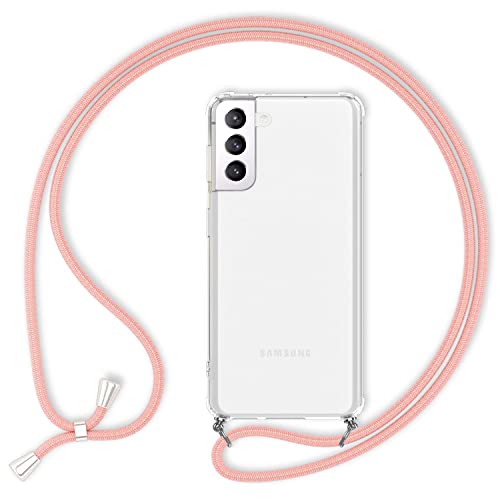 NALIA Necklace Cover with Band Compatible with Samsung Galaxy S22 Case, Transparent Anti-Yellow Phonecase & Adjustable Holder Strap, Rugged Crossbody Hardcase & Silicone Bumper, Color:Pink