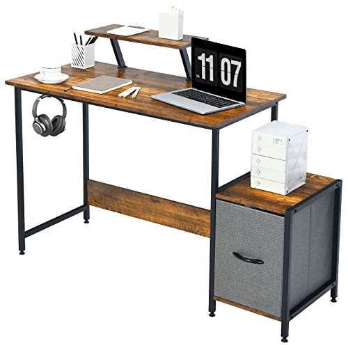 Tangkula Computer Desk with Reversible Fabric Drawer & Moveable Shelf, Industrial Style Study Writing Desk, Large PC Laptop Desk w/Hook, Home Office Computer Workstation (Black & Rustic Brown)