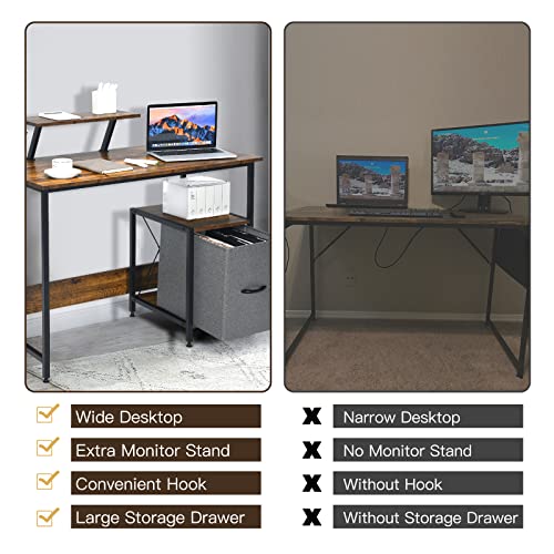 Tangkula Computer Desk with Reversible Fabric Drawer & Moveable Shelf, Industrial Style Study Writing Desk, Large PC Laptop Desk w/Hook, Home Office Computer Workstation (Black & Rustic Brown)