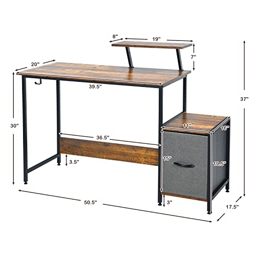 Tangkula Computer Desk with Reversible Fabric Drawer & Moveable Shelf, Industrial Style Study Writing Desk, Large PC Laptop Desk w/Hook, Home Office Computer Workstation (Black & Rustic Brown)