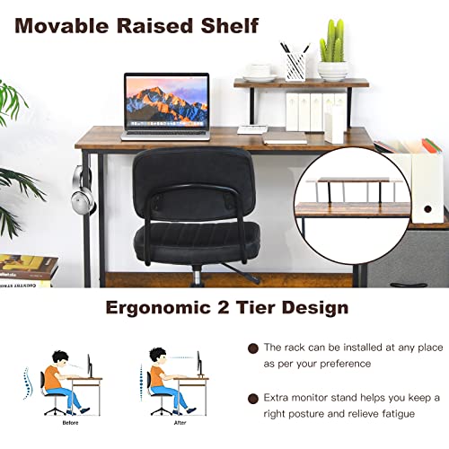 Tangkula Computer Desk with Reversible Fabric Drawer & Moveable Shelf, Industrial Style Study Writing Desk, Large PC Laptop Desk w/Hook, Home Office Computer Workstation (Black & Rustic Brown)