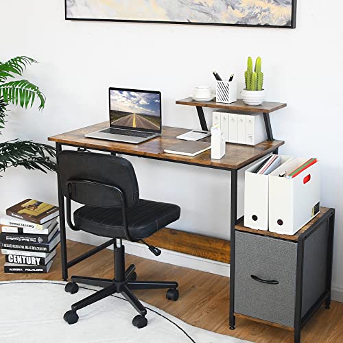 Tangkula Computer Desk with Reversible Fabric Drawer & Moveable Shelf, Industrial Style Study Writing Desk, Large PC Laptop Desk w/Hook, Home Office Computer Workstation (Black & Rustic Brown)